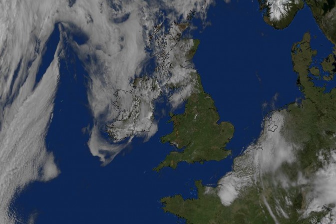 Satellite image showing much of the UK under cloudless skies under an ...